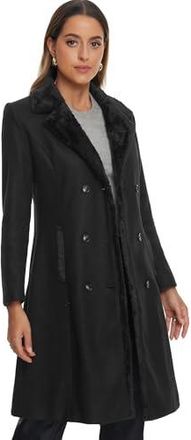 Allegra K Manteau en Faux Suède Femme à Col en Peluche Caban en Daim dHiver à Double Boutonnage Trench Coat Mi-long Chaud Vintage Noir S