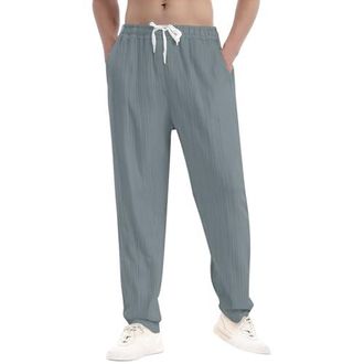 Generic Pantalon de plage l&eacute;ger en lin pour homme avec cordon de serrage - Jambe droite - Coupe ample - Taille &eacute;lastique - Pantalon d&eacute;contract&eacute; - Pantalon de 