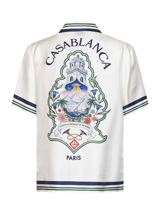 Casablanca Mens Shirt Hotel Emblem White Silk
