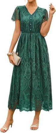 Grace Karin Robes pour femmes col en V A-Line avec &eacute;lastique &agrave; la taille et manches courtes en dentelle, vert fonc&eacute;, XXL