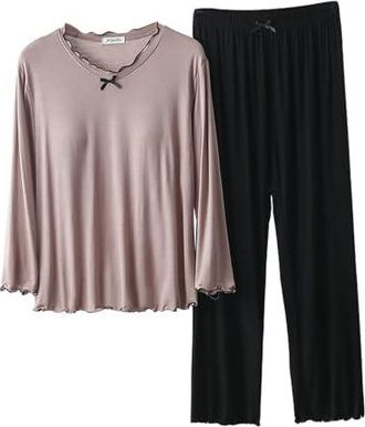 Generic Vêtements de nuit 2 pièces avec soutien-gorge intégré - Chemises de nuit pour femme en coton assorti à col rond extensible en bois avec bords doreille