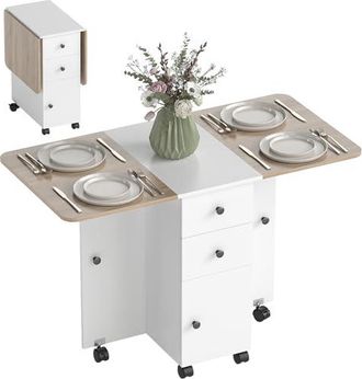 HOMCOM Table de Cuisine Pliable Table à Manger Pliante 2 Plateaux rabattables avec 2 tiroirs 1 Placard et 1 étagère de Rangement 120 x 60 x 76,5 cm - Blanc e