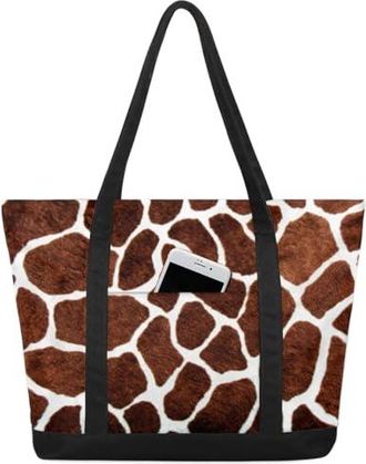 TropicalLife Sac à main en toile avec imprimé peau de girafe pour femmes, filles, grande capacité de 22 L, sac fourre-tout à fermeture éclair pour lécole, les voya