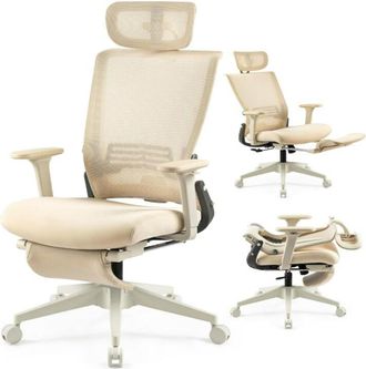 Elle Ergonomischer Klappb&uuml;rostuhl mit Fu&szlig;st&uuml;tze, atmungsaktiver Netzr&uuml;ckenlehne, verstellbarer Lendenwirbelst&uuml;tze, komfortabler beigefarbener B&uuml;rostuhl