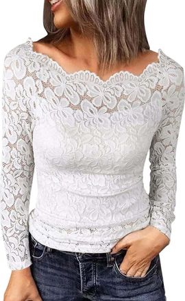 Minetom Damen Top Spitzen Schulterfrei Bluse Elegant Oberteile Basic Langarm T Shirt Lace Langarmshirt Slim Fit Pullover Spitzentop A Wei&szlig; S