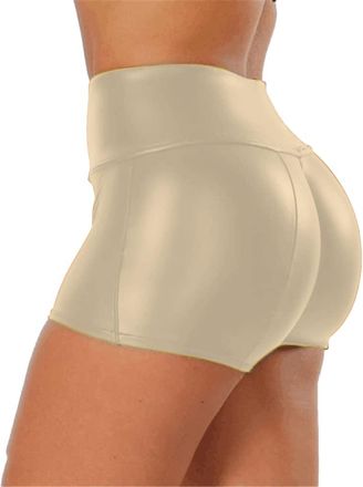 ORANDESIGNE Damen Hoch Taillierte Kunstleder Shorts Taschen Weites Bein Shorts B Beige S