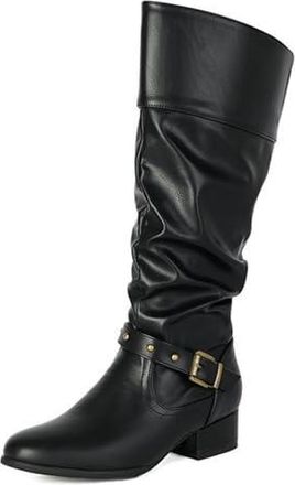 Generic Bottes d&eacute;quitation pliss&eacute;es &agrave; la mode pour femme, fermeture &eacute;clair lat&eacute;rale, sangle &agrave; boucle, bout rond, talons bas, chaussures dhiver molles, Noir, 4