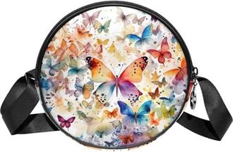 Generic Sac &agrave; bandouli&egrave;re rond pour femme, motif papillons aquarelle, petit sac &agrave; bandouli&egrave;re avec fermeture &eacute;clair, bretelles r&eacute;glables, sac &agrave; main rond d&eacute;co