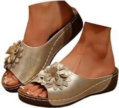 Generic Sandales larges pour femme, sandales et claquettes compens&eacute;es, chaussures d&eacute;t&eacute; &agrave; enfiler avec accents m&eacute;talliques, confortables et habill&eacute;es pour la m