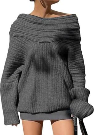 ORANDESIGNE Pull à Épaules Larges pour Femme Sexy Manche Longue Ample Pullover Hiver Chaud Tricot Tops Vetement Tricoté Chic A Noir M