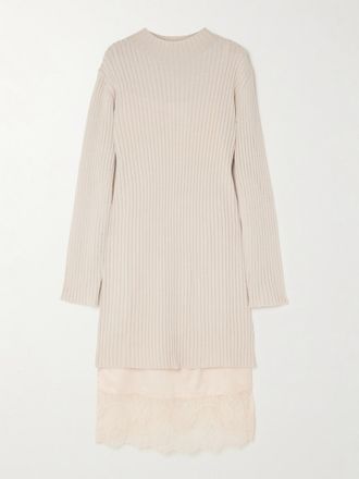 Staud Willow Mehrlagiges Midikleid Aus Satin Und Einer Wollmischung In Rippstrick Mit Spitzenbesatz - Ecru