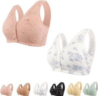 Generic Rivastyle Soutien-gorge à fermeture avant pour personnes âgées sans armatures Coupe florale Col en V Dentelle Coton Sans Fil Confortable Grande Taille
