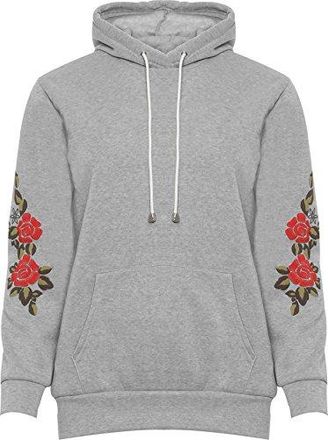 WearAll Femmes Plus Floral Brod&eacute; Poche Poche Longue Manche Sweat-Shirt Dames Capuche - Gris Clair - 44-46