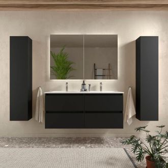 Cygnus Bath Salgar - Meuble salle de bain - 120 cm - Plan double vasques c&eacute;ramique - Noir mat - a suspendre - karaib
