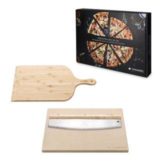 Navaris Pizzastein f&uuml;r Backofen Grill aus Cordierit - 38x30cm Pizza Stein f&uuml;r Ofen mit Pizzaschaufel und Mezzaluna Messer - inkl. Rezeptbuch - Beige
