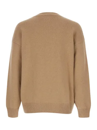 Msgm Mens Beige Crew Neck Sweater With Front Logo Merino Wool Tops Top