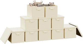Woltu Faltbare Aufbewahrungsboxen 10 Stück, Stoffboxen mit Deckel, Aufbewahrungskörbe für Kleidung, Bettdecke, Spielzeug, Creme, 48x36x30cm