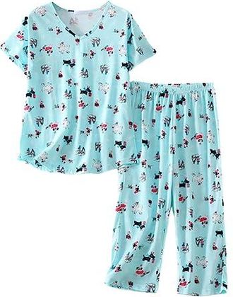 Generic Short pour femme - Longueur genou - Pyjama dété à col rond - Manches courtes - Pantalon long - Pyjama pour femme - Grandes tailles, vert, L