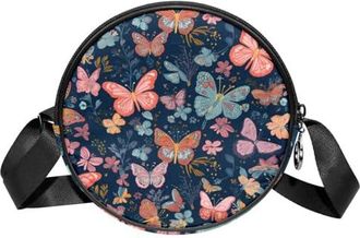 Generic Petit sac &agrave; bandouli&egrave;re circulaire pour femme, motif papillons, fleurs, feuilles, petit sac &agrave; bandouli&egrave;re avec fermeture &eacute;clair, bretelles r&eacute;glables, 