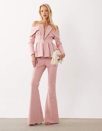 Asos ensemble pantalon ajust&eacute; orn&eacute; de perles en rose p&acirc;le