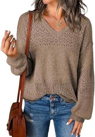 Generic Pull Femme, Pull d&eacute;contract&eacute; &agrave; Manches Longues et col en V, l&eacute;ger, en Crochet, Couleur Camel, Taille L
