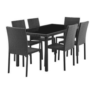 Les Tendances Ensemble repas de jardin - table en verre trempe et 6 chaises en resine tressee noir - Table 160x80x73 cm - Chaise : 44x54x88 cm