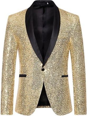 Generic Veste de costume &agrave; paillettes pour homme - Blazer &agrave; paillettes - Pour f&ecirc;te, d&icirc;ner, bal de fin dann&eacute;e, danse, sport, dor&eacute;, XXL