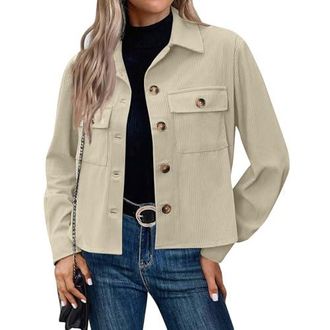 Generic Veste courte d&eacute;contract&eacute;e &agrave; manches longues et col &agrave; revers pour femme en velours c&ocirc;tel&eacute;, beige, XXL