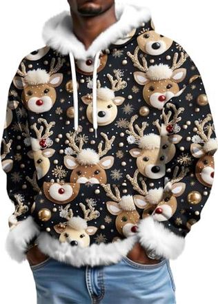 Generic Sweat à capuche de Noël pour homme avec sapin de Noël et Père Noël en matière douce avec garniture en peluche pour adultes unisexe mode loisirs hiver,