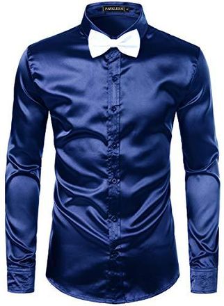 PARKLEES Chemise à manches longues en satin brillant similaire à de la soie - pour homme - pour fête, soirée disco, bal de promo, bleu marine, XXL