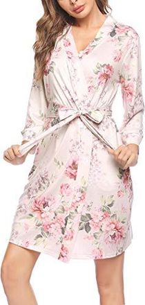 Ekouaer Robe de chambre kimono l&eacute;g&egrave;re pour femme, peignoir court, doux, v&ecirc;tements de nuit pour femmes, avec manches 3/4 Rose L