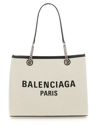 Balenciaga Womens Shoulder Bag Beige Cotton & Leather