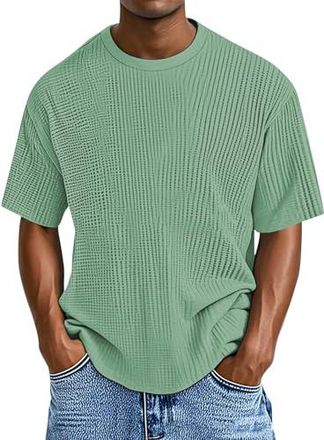 Generic Chemise pour homme à manches courtes unie unie basique vêtements de sport décontractés col rond tricot texturé pull tops muscle tee-shirt vêtements de