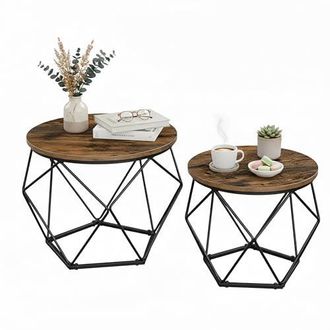 Relaxdays Couchtisch, 2er Set, Holzoptik & Metall, Industrial-Design, runde Beistelltische, Wohnzimmer, braun/schwarz