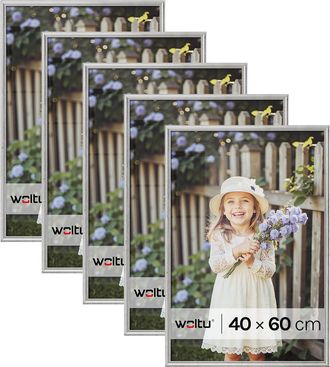 Woltu Bilderrahmen 40x60, 5er Set, Fotorahmen aus Massivholz und PS-Platte, Holzrahmen mit Passepartout, zum vertikalen oder horizontalen Aufhängen/Aufstell