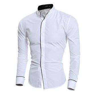 Generic Chemise ajust&eacute;e &agrave; manches longues pour homme, col montant, chemise boutonn&eacute;e pour lext&eacute;rieur, couleurs unies, haut minimaliste et l&eacute;ger, haut de luxe 