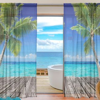 Alaza Durchsichtige Voile-Vorh&auml;nge, Tropcial Palme, Meer, Polyester, Fenster-Netzvorhang f&uuml;r Schlafzimmer, Wohnzimmer, Heimdekoration, 2 Paneele, 198,1 x 14