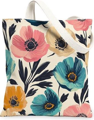 Generic Sac fourre-tout en toile avec an&eacute;mones printani&egrave;res pour le shopping, 33 x 38 cm, sac d&eacute;picerie r&eacute;utilisable vintage r&eacute;tro pour femme, esth&eacute;tique, pla