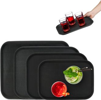 Relaxdays Serviertablett im 4er Set, rutschfeste Oberfl&auml;che, eckiges Kellnertablett, Gastronomie, 4 Gr&ouml;&szlig;en, schwarz