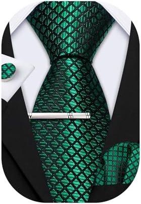 Barry.Wang Soie Ensemble de cravate à carreaux Ensemble de poche bouton de manchette Fête de mariage Vert émeraude