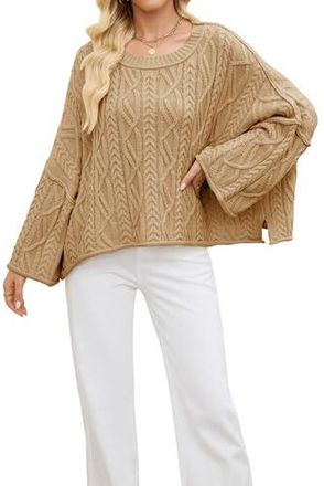 Generic Pull court surdimensionn&eacute; &agrave; col ras du cou en tricot torsad&eacute; avec longues manches &eacute;vas&eacute;es pour lautomne et lhiver - Pull d&eacute;contract&eacute; et doux pour femm