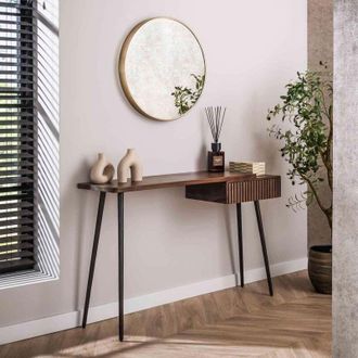 M&S Collection Console 1 tiroir 120x35x76 cm en acacia brun fonc&eacute; et bronze - KIRVE