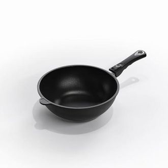 AMT Gastroguss AMZN-1128S-Z20B Wok de 28 cm de diamètre, 11 cm de haut, ne convient pas à linduction, manche amovible, finition anti-adhésive Lotan, poêle en fonte d