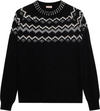 Oltre Femme, Pulls, Noir, Taille: 38 FR Pull Jacquard en Laine M&eacute;lang&eacute;e avec Appliques