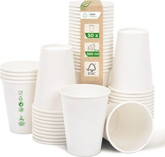 Love Nature Pappbecher Wei&szlig; 300 ml 12 oz - Kaffeebecher 50 St&uuml;ck - Coffee to go Becher - Einwegbecher zum Servieren von Kaffee, Tee, hei&szlig;en und kalten Getr&auml;nken