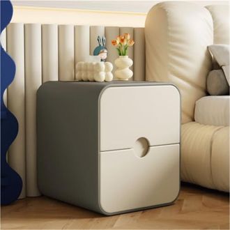 Generic Moderner Nachttisch Aus Leder Mit 2 Schubladen, Nachttisch Aus Massivholz Mit Versteckten Griffen, Minimalistischer Bodenstehender Beistelltisch(Grey,