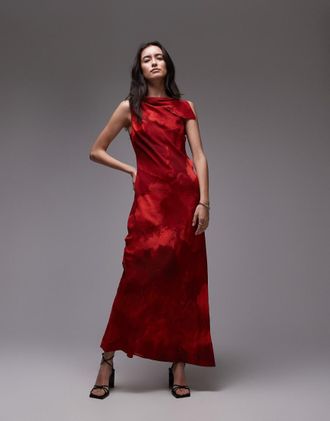 Topshop Robe mi-longue coup&eacute;e en biais &agrave; encolure asym&eacute;trique - Rouge min&eacute;ral