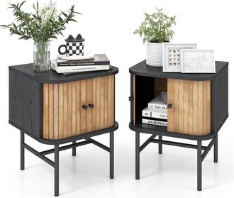 Costway Nachttisch mit Schiebetüren, 2er Set, Nachtschrank mit Stauraum, Beistelltisch mit Metallbeinen, Nachtkonsole, Sofatisch für Wohnzimmer