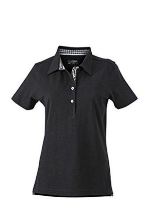 James & Nicholson Polo Femme Tendance avec Insert a Carreaux (L, Noir/Noir-Blanc)