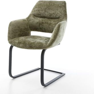 DELIFE Freischwinger Yago-Flex mit Armlehnen Chenille Olive Freischwinger flach Schwarz Taschenfederkern, Esszimmerstühle